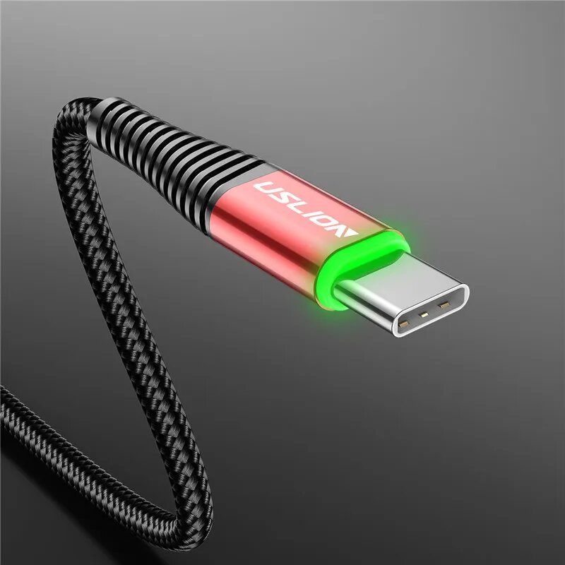 USLION 0,5 м/1 м/2 м светодиодный 3A USB-кабель типа C, провод для быстрой зарядки для 0.5M, Red