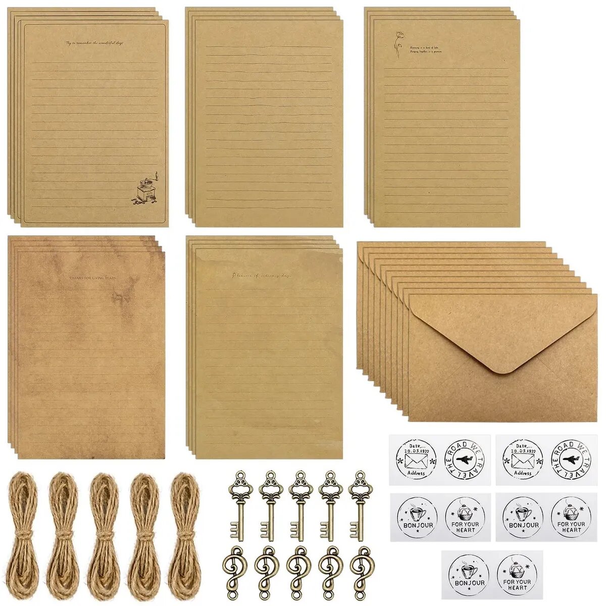 Винтажная писчая бумага с набором конвертов, 61 лист, в том числе 20 листов бумаги для писем, 10 кожаных конвертов, 10 винтажных ключей, 10 пеньковых веревок, 10 наклеек.