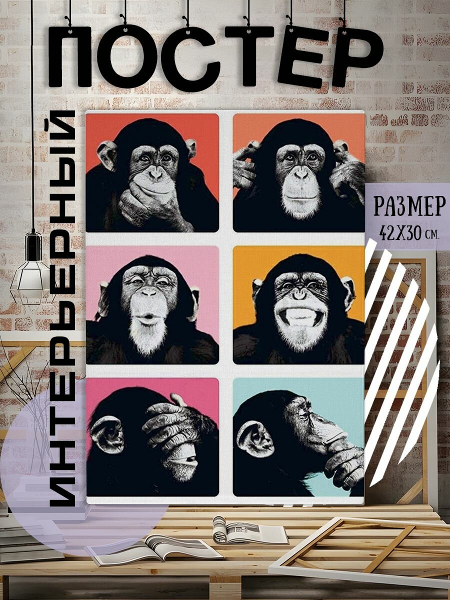 Постер для интерьера Горилла Шимпанзе , разноцветный неон