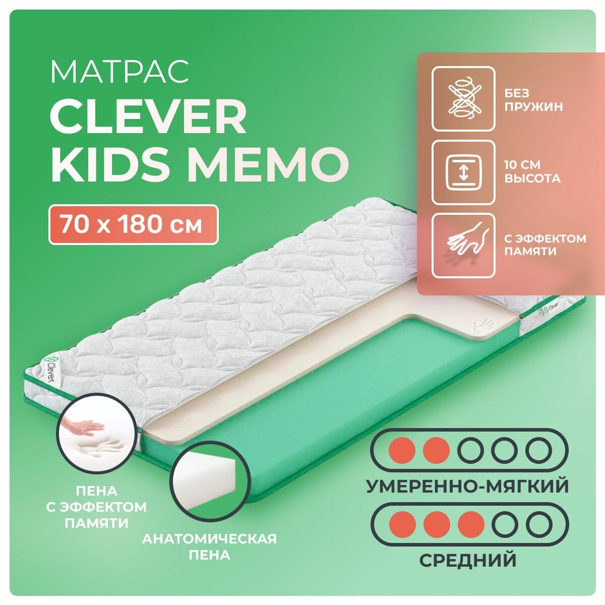 Детский матрас 70х180 Clever Kids Memo, с эффектом памяти формы, с пеной, в жаккардовом чехле, детский 180х70