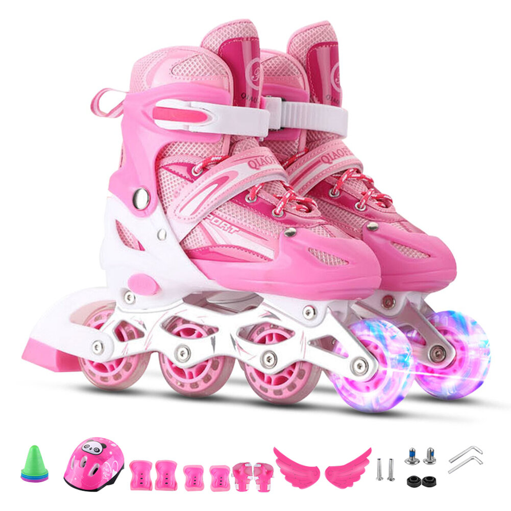 Ролики инлайн-скейт для детей регулируемые с освещающими колесами комплект с шлемом защитными принадлежностями баррикадами ключом для мальчиков девочек новичков для улицы и дома Розовый Синий Красный Фиолетовый размер S(27-33) M(33-37) L(37-41)