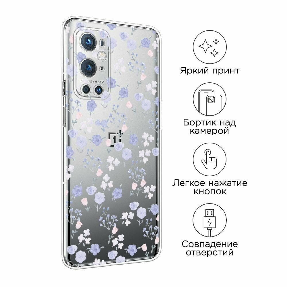 Чехол на OnePlus 9 Pro / ВанПлас 9 Про с принтом "Сиреневые розы паттерн", прозрачный — фото 1