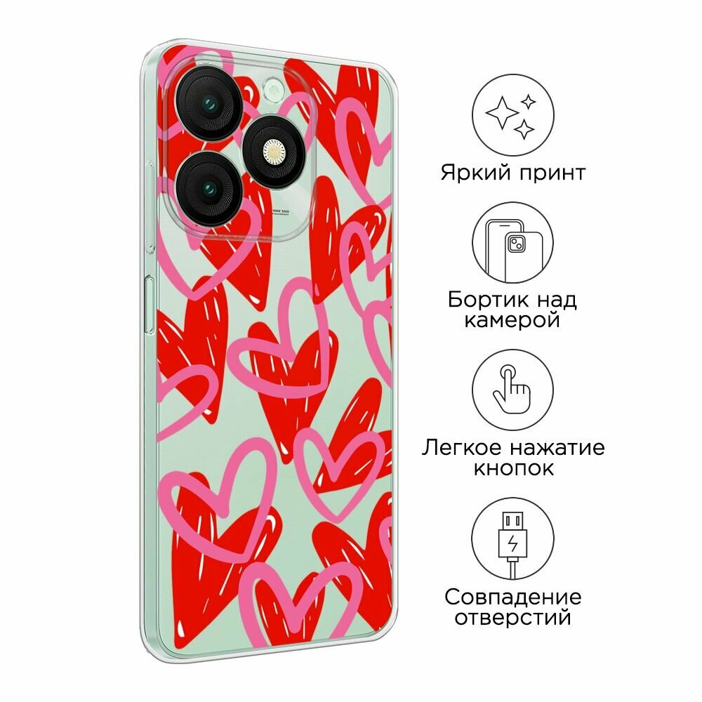 Чехол на Itel A50 / Ител А50 с принтом "Hearts doodles - 14 февраля", прозрачный — фото 1
