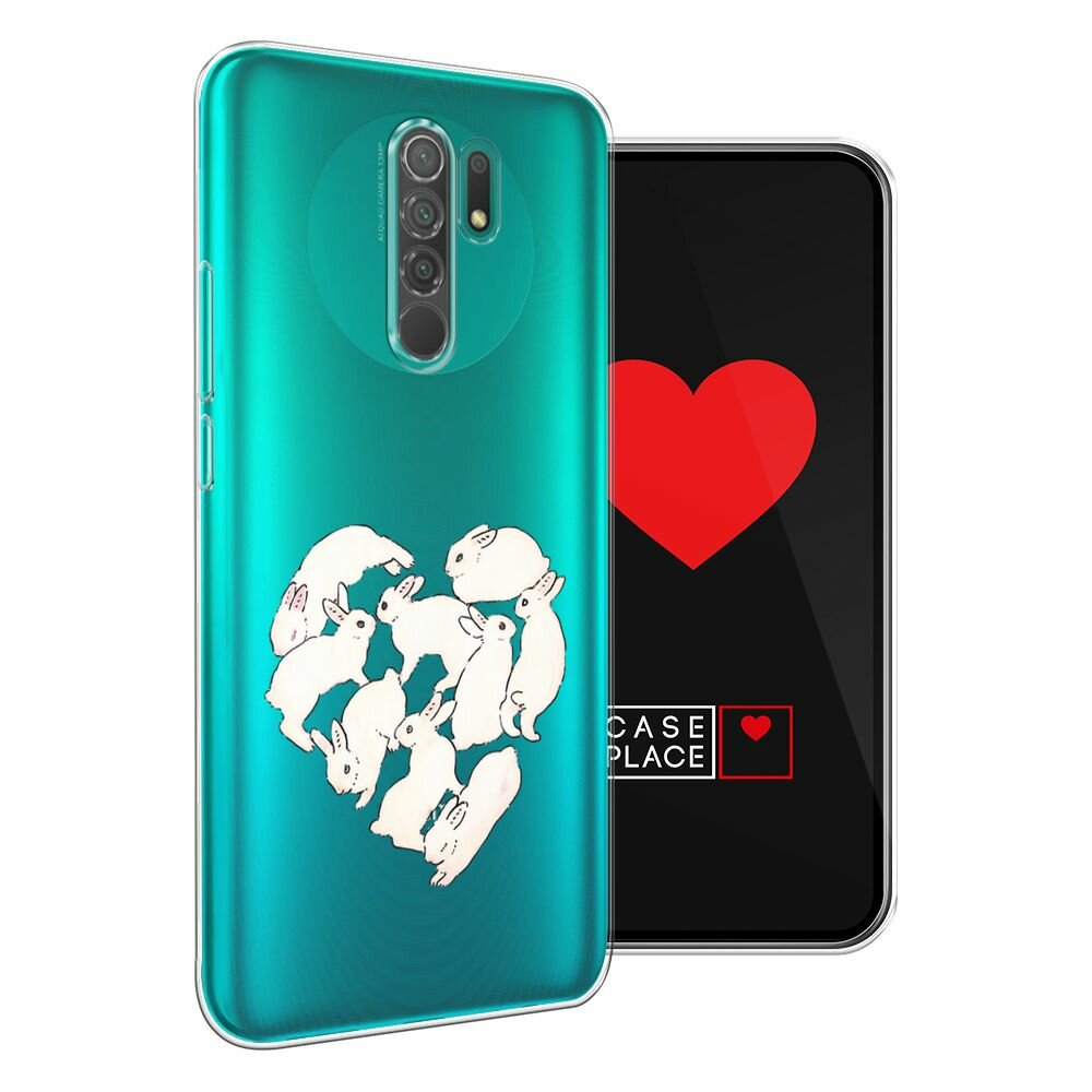 Чехол на Xiaomi Redmi 9 / Сяоми Редми 9 с принтом "Сердечко из кроликов 2 - 8 марта", прозрачный — фото 1