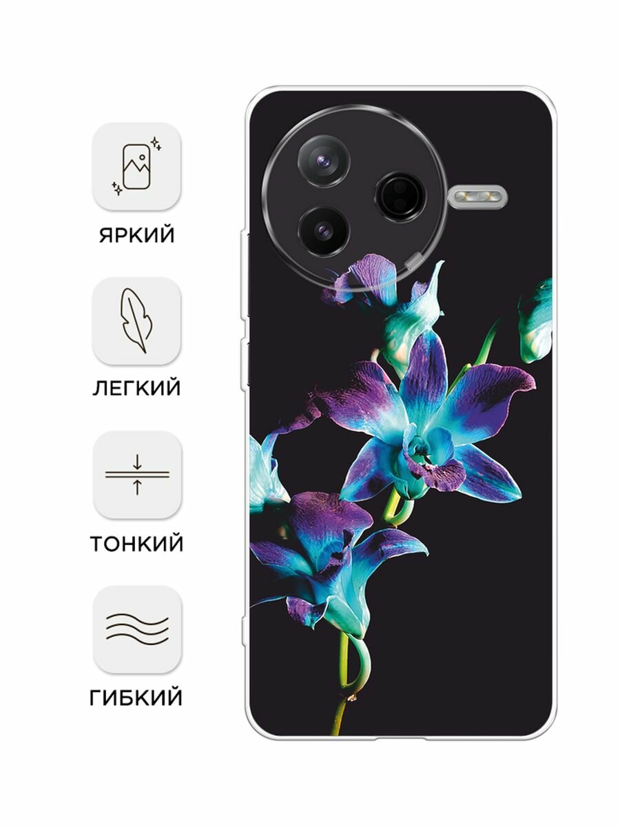 Чехол на Poco F7 Pro / Поко F7 Про с принтом "Синий цветок на черном" — фото 1