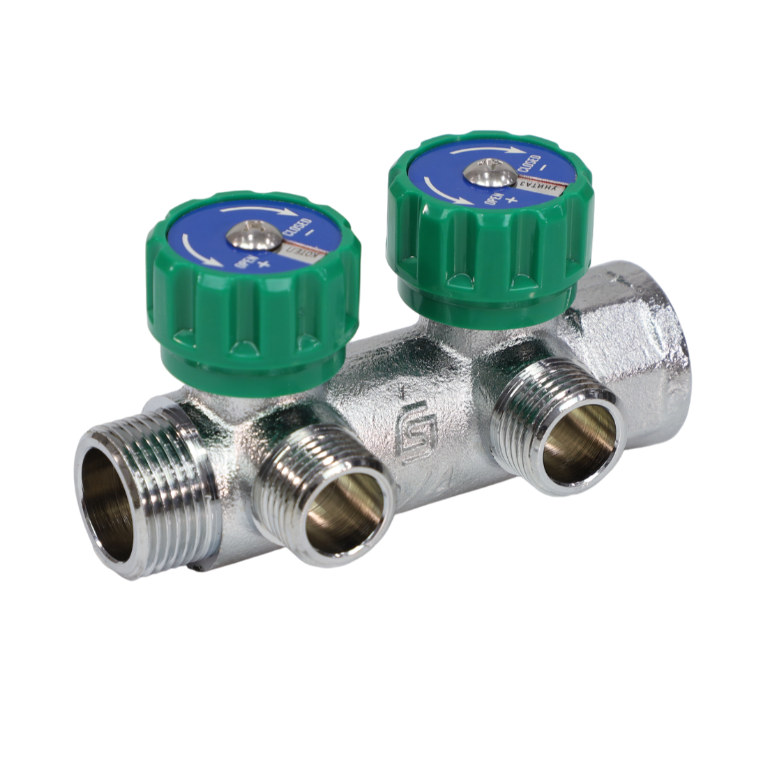 Коллектор латунь 3/4" ВР/НР на 2 вых 1/2" НР м/о 45мм под плоское уплотнение с регулирующими клапанами SantechSystems