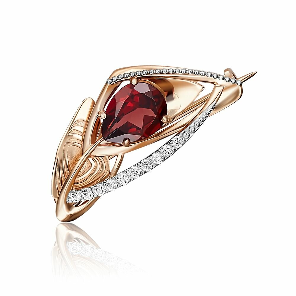 Брошь, комбинированное золото, 585 проба, родирование, гранат, топаз