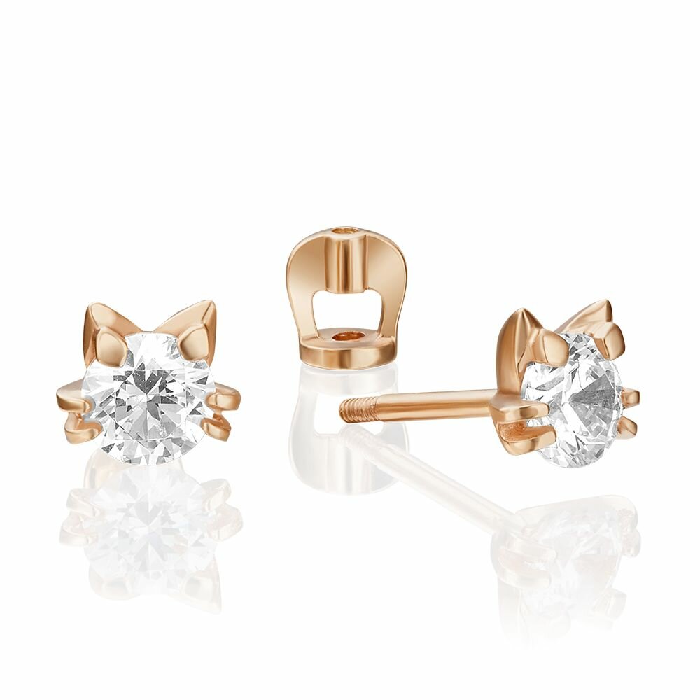 Серьги пусеты, красное золото, 585 проба, фианит