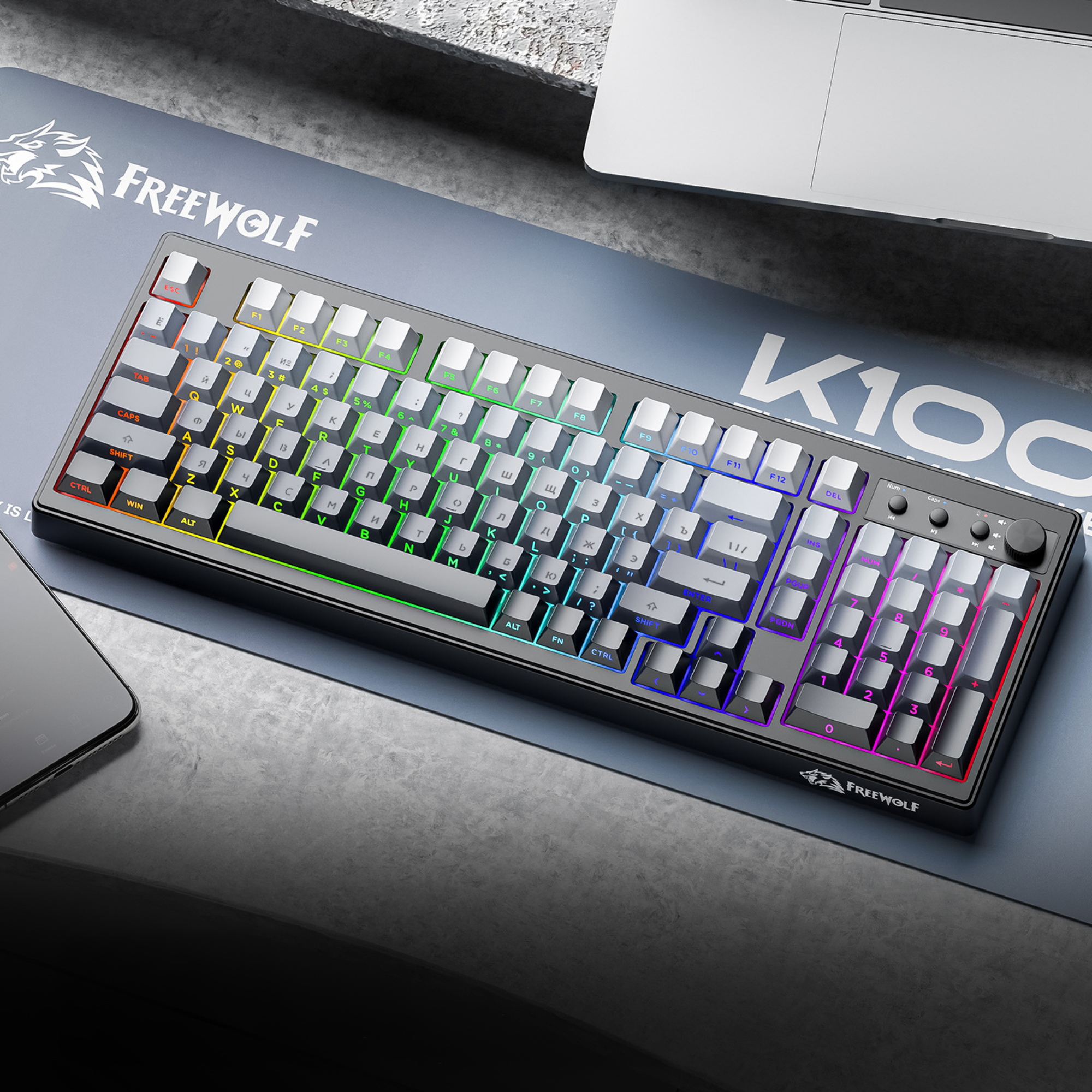 Беспроводная мембранная клавиатура Free Wolf K100, Русская раскладка, RGB-подсветка, 3 режима подключения