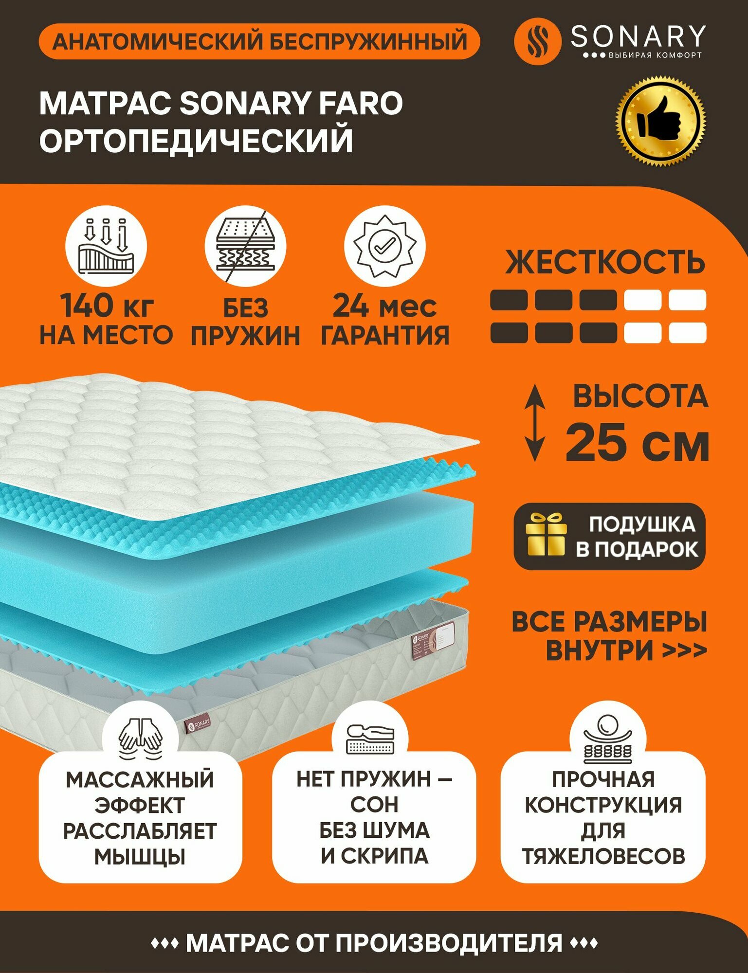 Матрас Sonary Faro 160х186 серии Foam высота 25 см анатомический средней жесткости Беспружинный