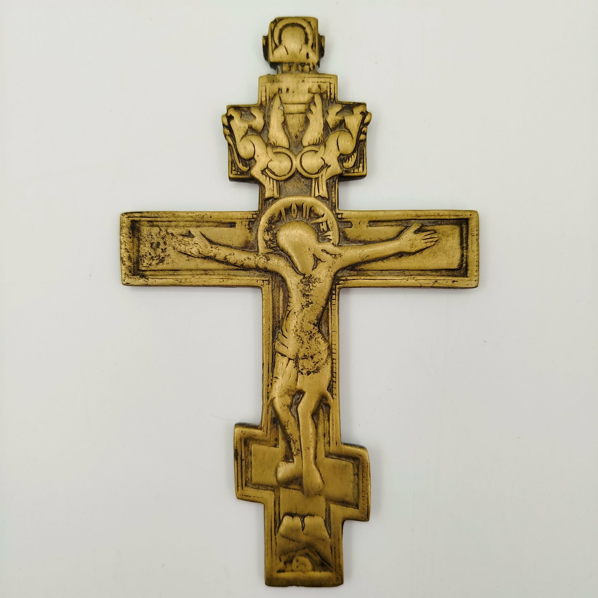 Крест киотный малый "Распятие Христово" (с оглавием), латунь, Российская империя
