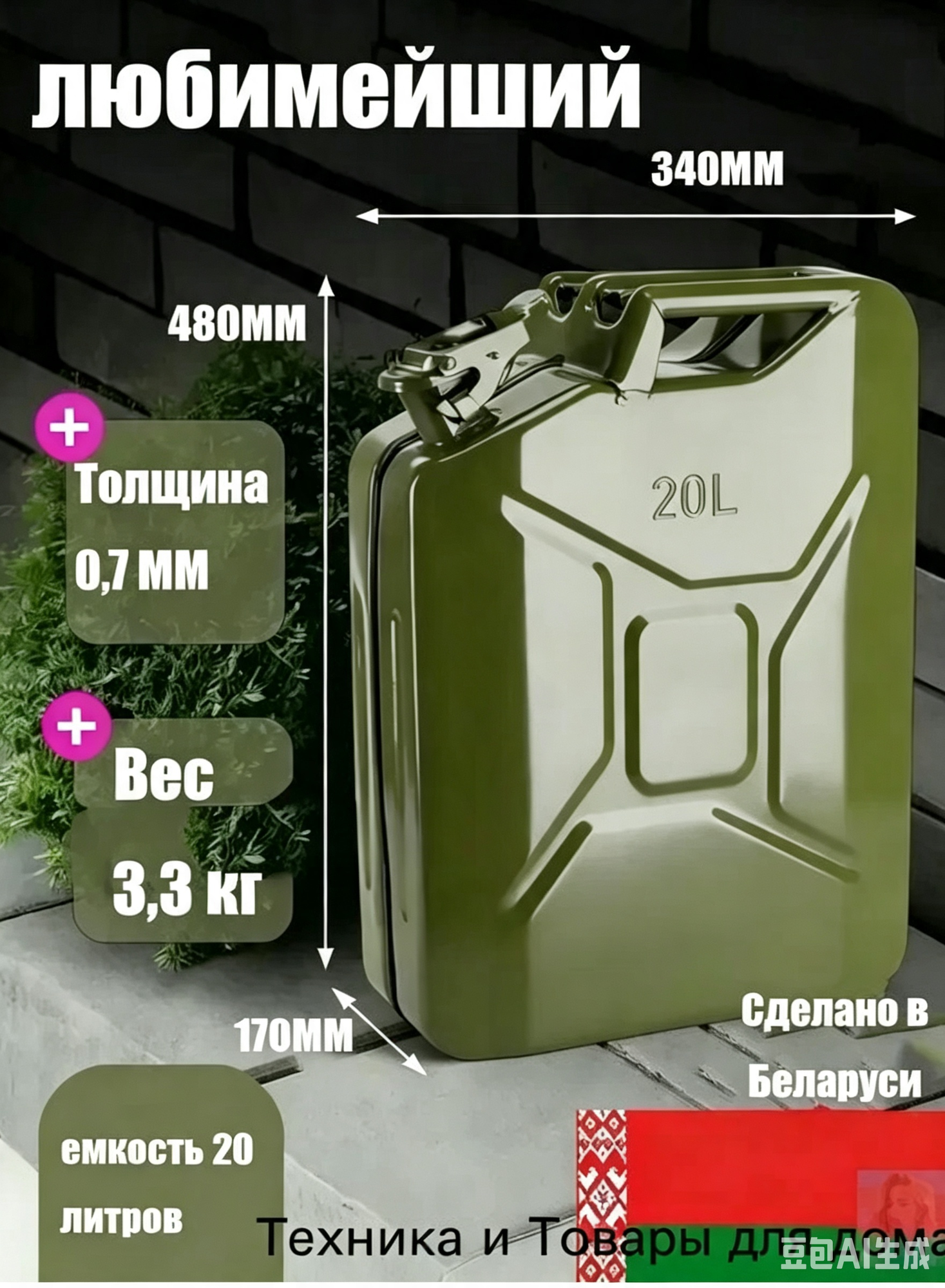 Резервная канистра 20 л для бензина и дизтоплива, металлическая емкость для авто и внедорожников
