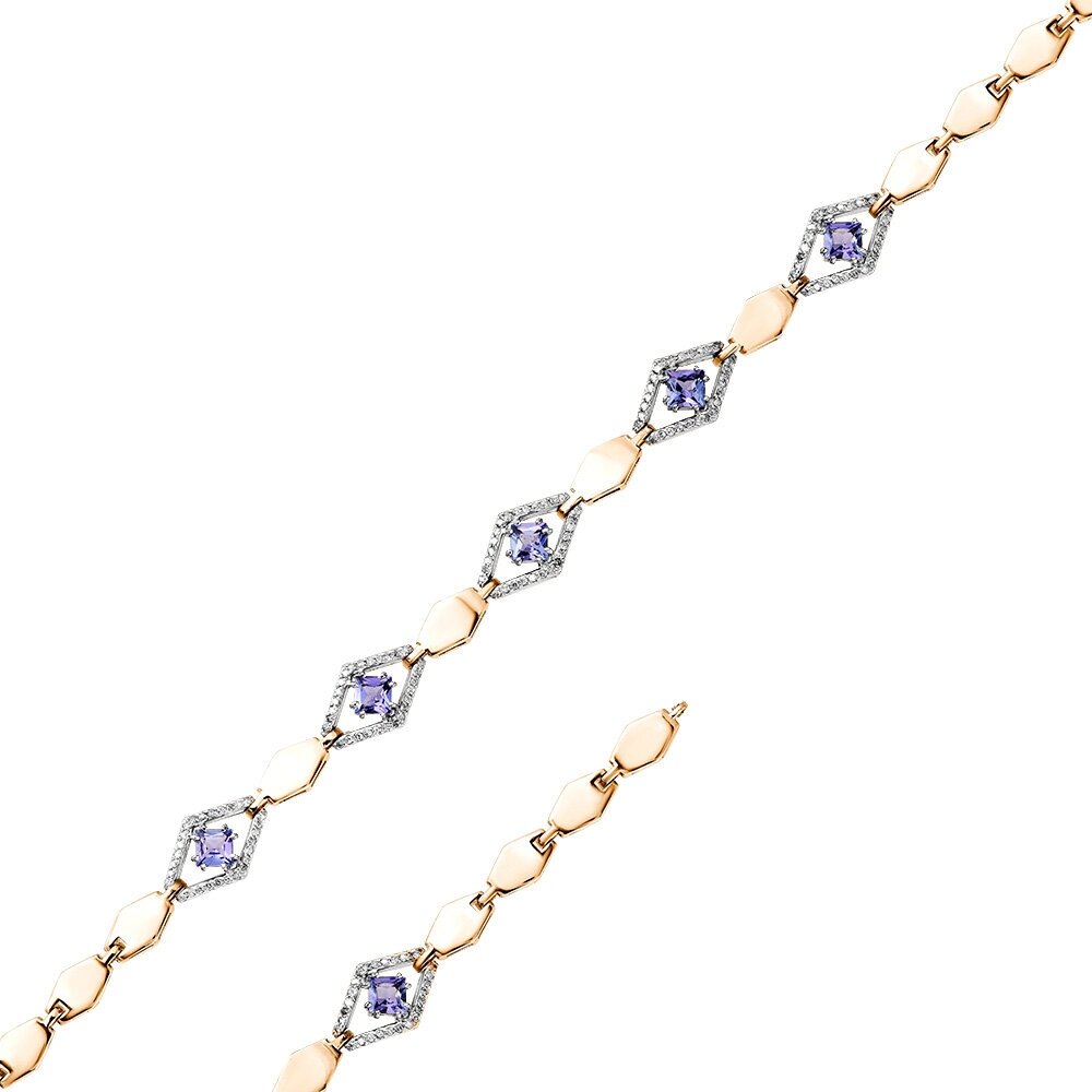 Браслет, красное золото, 585 проба, бриллиант, танзанит