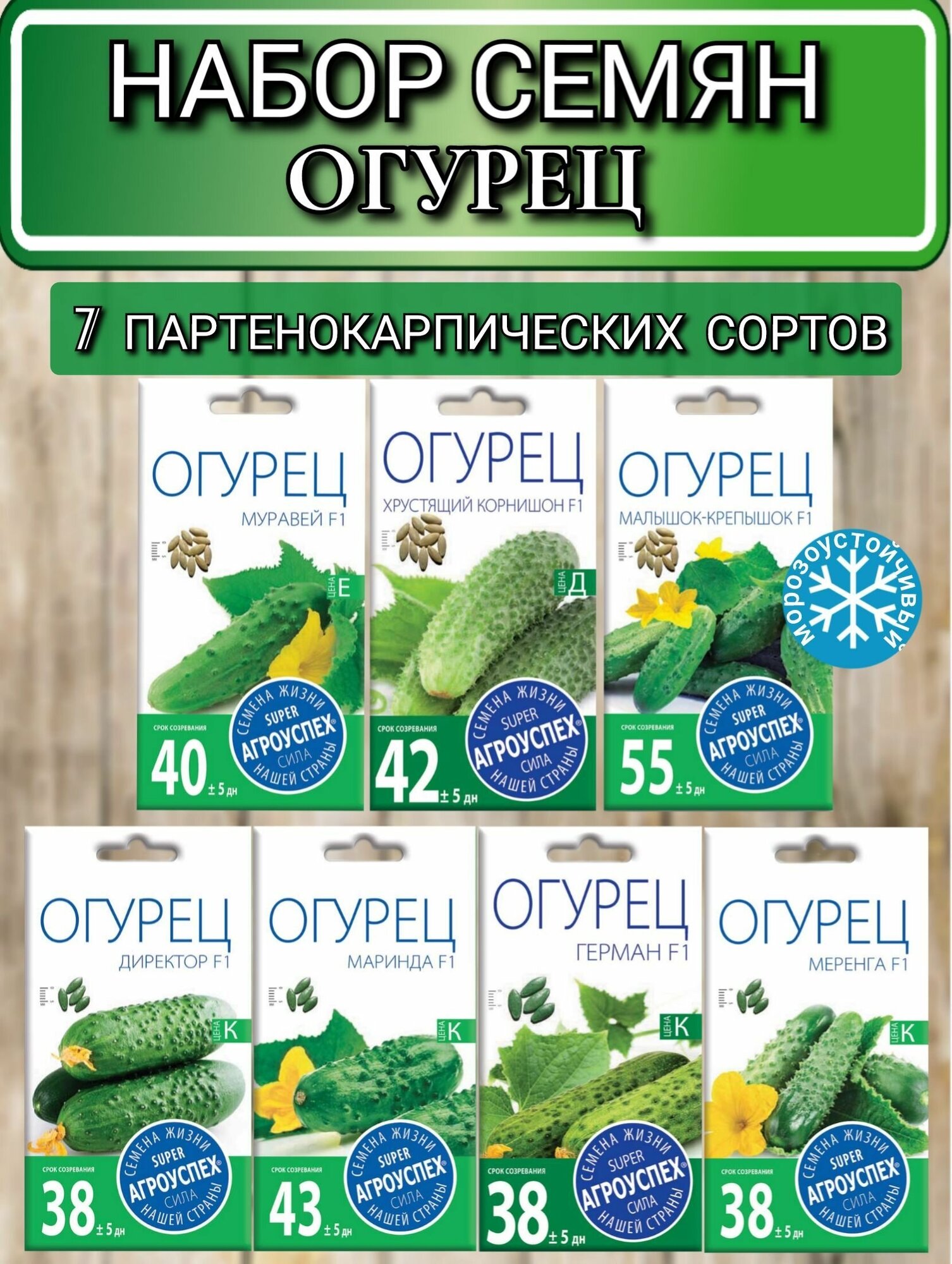 Семена Агроуспех огурцы самоопыляемые: Малышок-крепышок, Директор, Герман, Муравей, Меренга, Маринда, Хрустящий корнишон