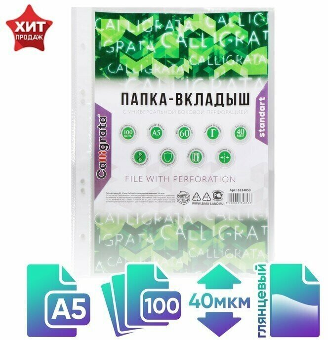 Файл-вкладыш А5, 40 мкм, Calligrata, глянцевый, вертикальный, 100 штук