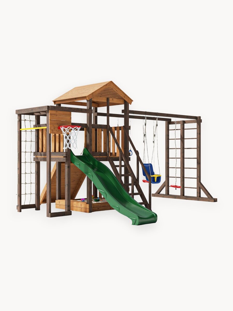 Детская площадка легенда леса удачная 7 Золотой Тик-Орех для улицы с расширенными качелями, спортивным комплексом