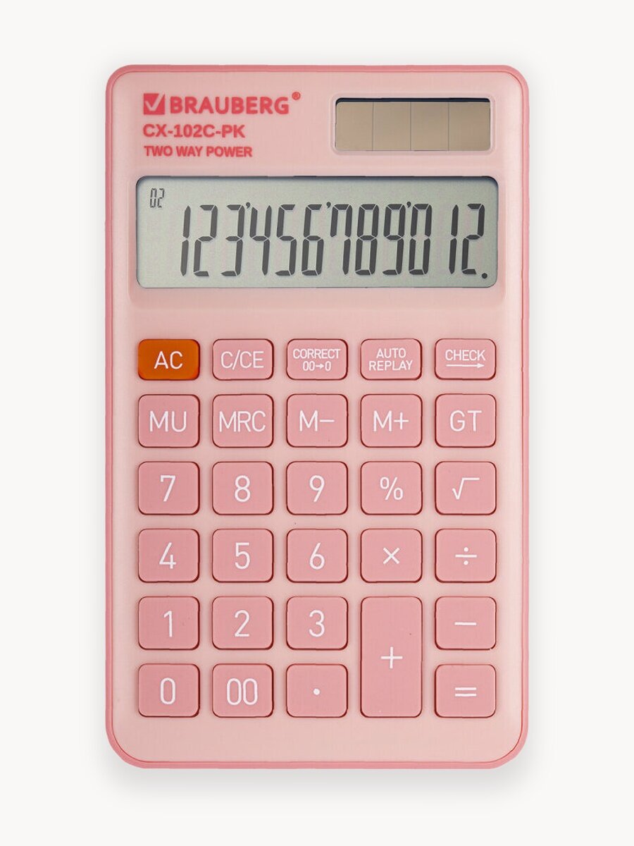 Калькулятор карманный мини, бухгалтерский 12 разрядов, 76x126 мм, двойное питание, розовый, Brauberg CX-102C-PK, 272650