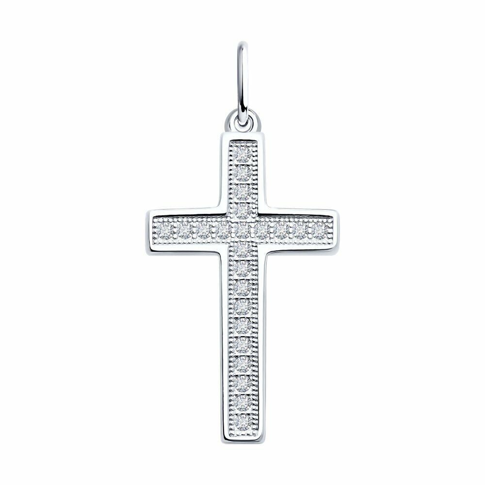 Крестик, серебро, 925 проба, родирование, фианит