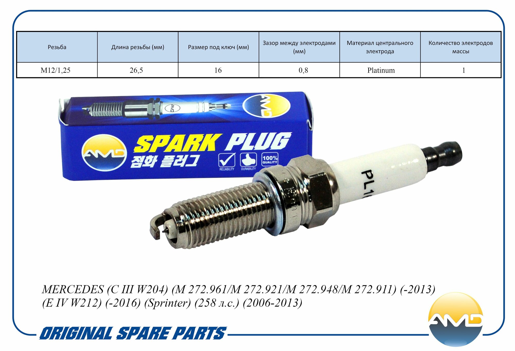 Свеча зажигания A0041594903/PLKR7A/AMD. PL168 Platinum для MERCEDES C III W204 Sprinter
