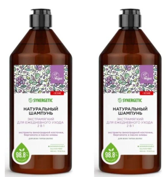 Натуральный бессульфатный шампунь Synergetic Экстрамягкий, для ежедневного ухода, 2 в 1, 400 мл, 2 шт