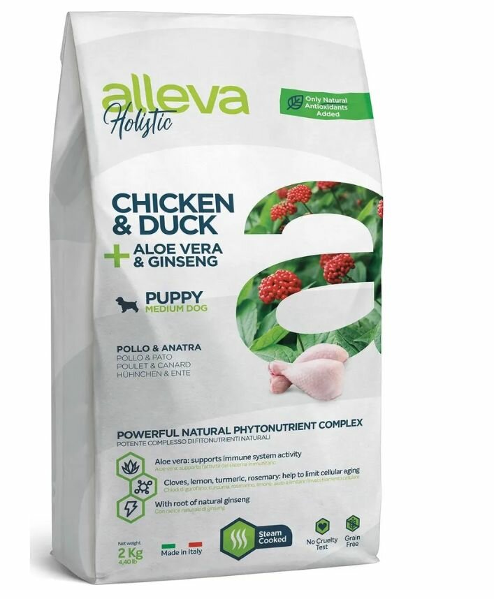 Сухой беззерновой корм Alleva HOLISTIC PUPPY CHICKEN & DUCK MEDIUM для щенков, с курицей и уткой, 12 кг