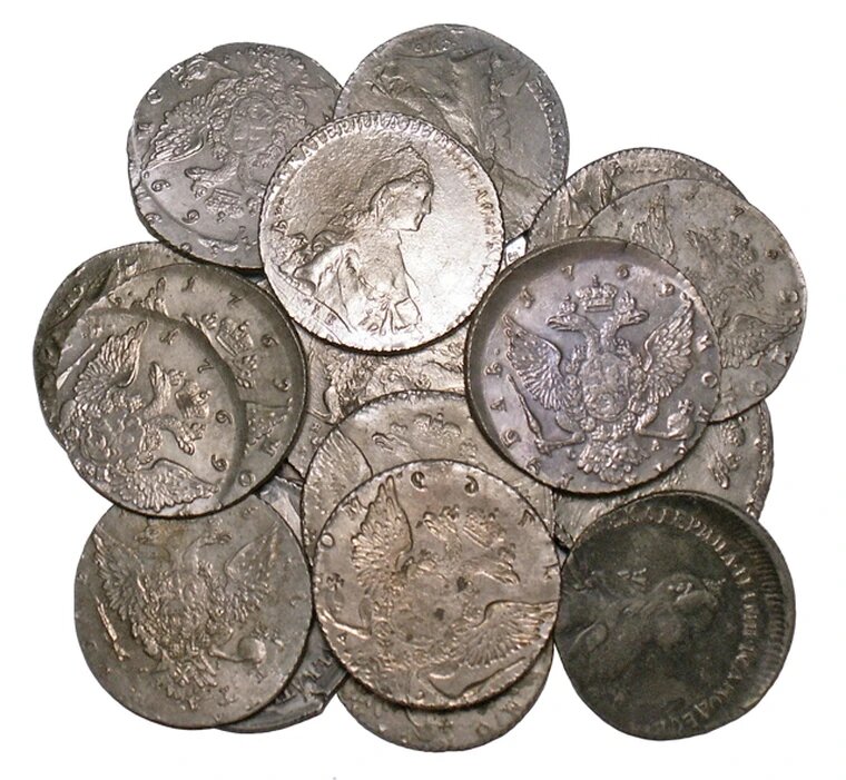 Рубль Екатерина II, брак чекана, мельхиор 1 штука т/н сувенирная копия монеты, нумизматика, деньги для коллекции