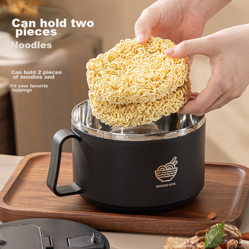 Guangyi 304 Stainless Steel Ramen Bowl, Large Capacity Lunch Box for Students And Office Workers, Black with Spoon And Chopsticks GY7348