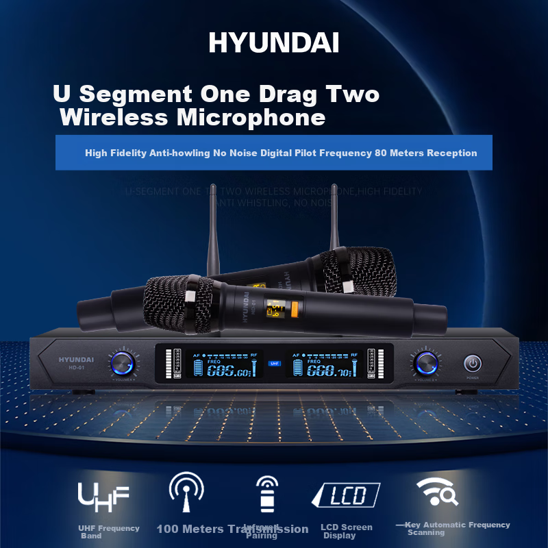 HYUNDAI Modern HD01 Wireless Microphone U Segment Wireless Handheld One Drag Two KTV Wedding Stage Performance Special Microphone