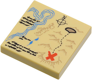 Tile 2 x 2 with Map River, Dark Tan Mountains, Handwriting and Red 'X' Pattern, 3068pb0148 Tan U