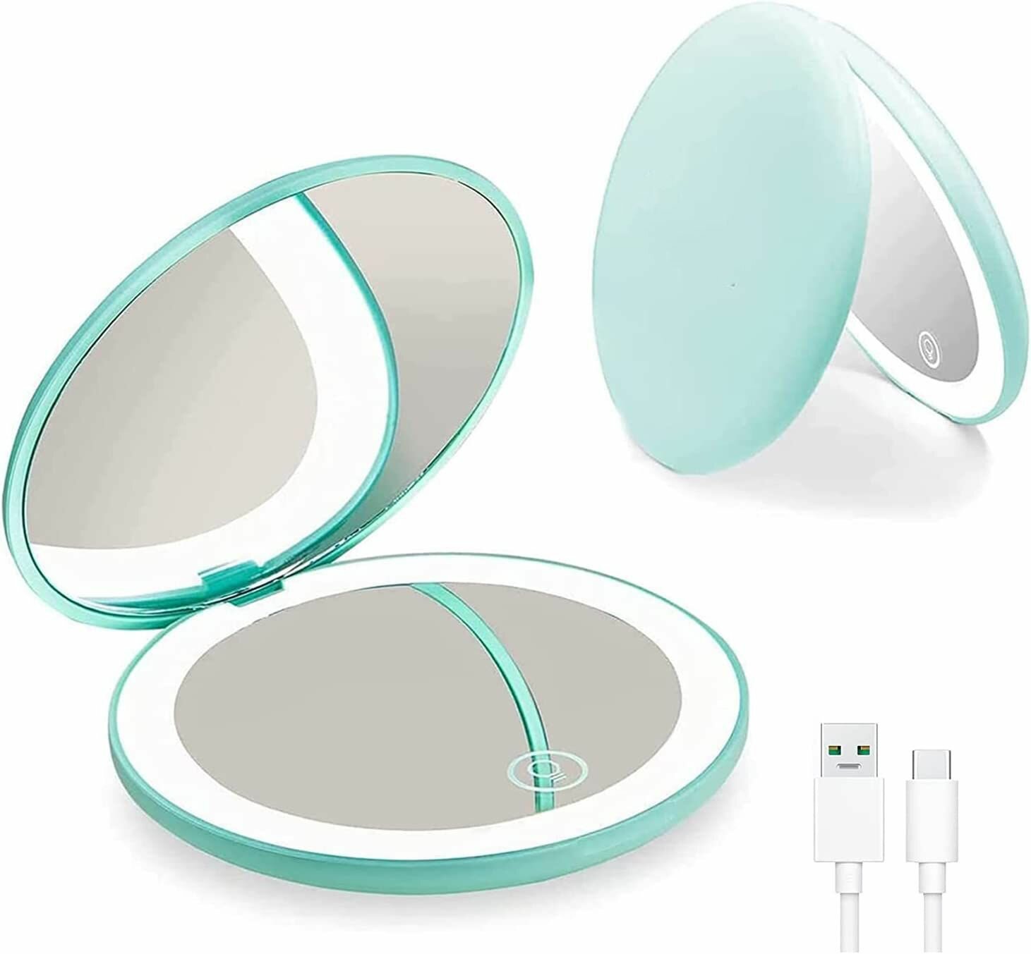 Дорожное зеркало с увеличением 1/10, перезаряжаемое светодиодное карманное зеркало, двухстороннее, складное, для рук, круглое, со светом, подходит в качестве подарка