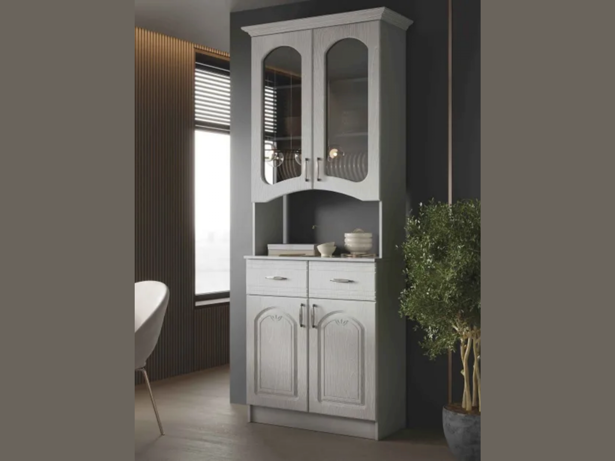 Буфет 2-х створчатый, в классическом стиле, Ясень патина/Белый (МДФ)