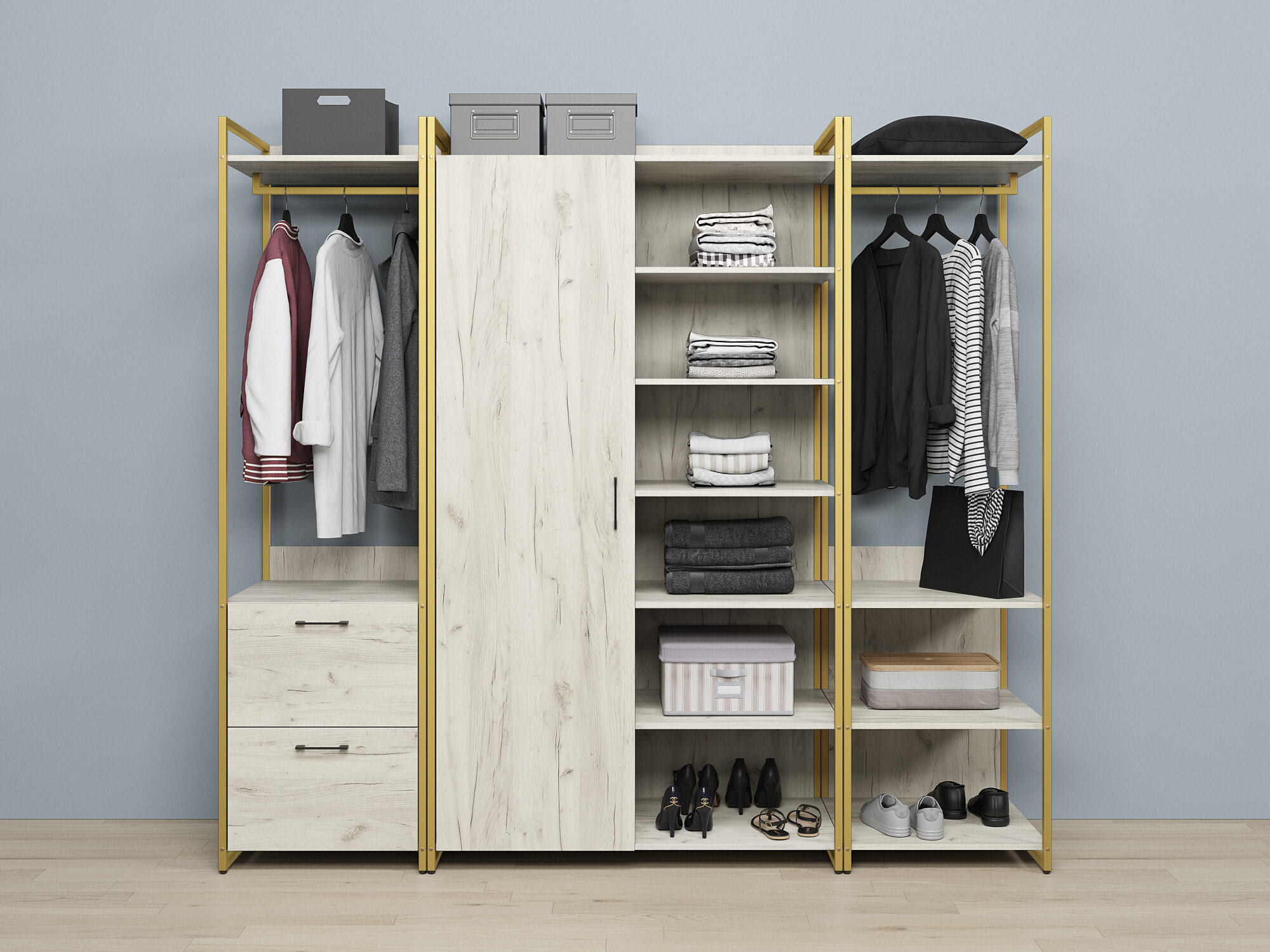 Гардеробная система Urban Лофт 02 с полками Золотой/Дуб крафт Белый