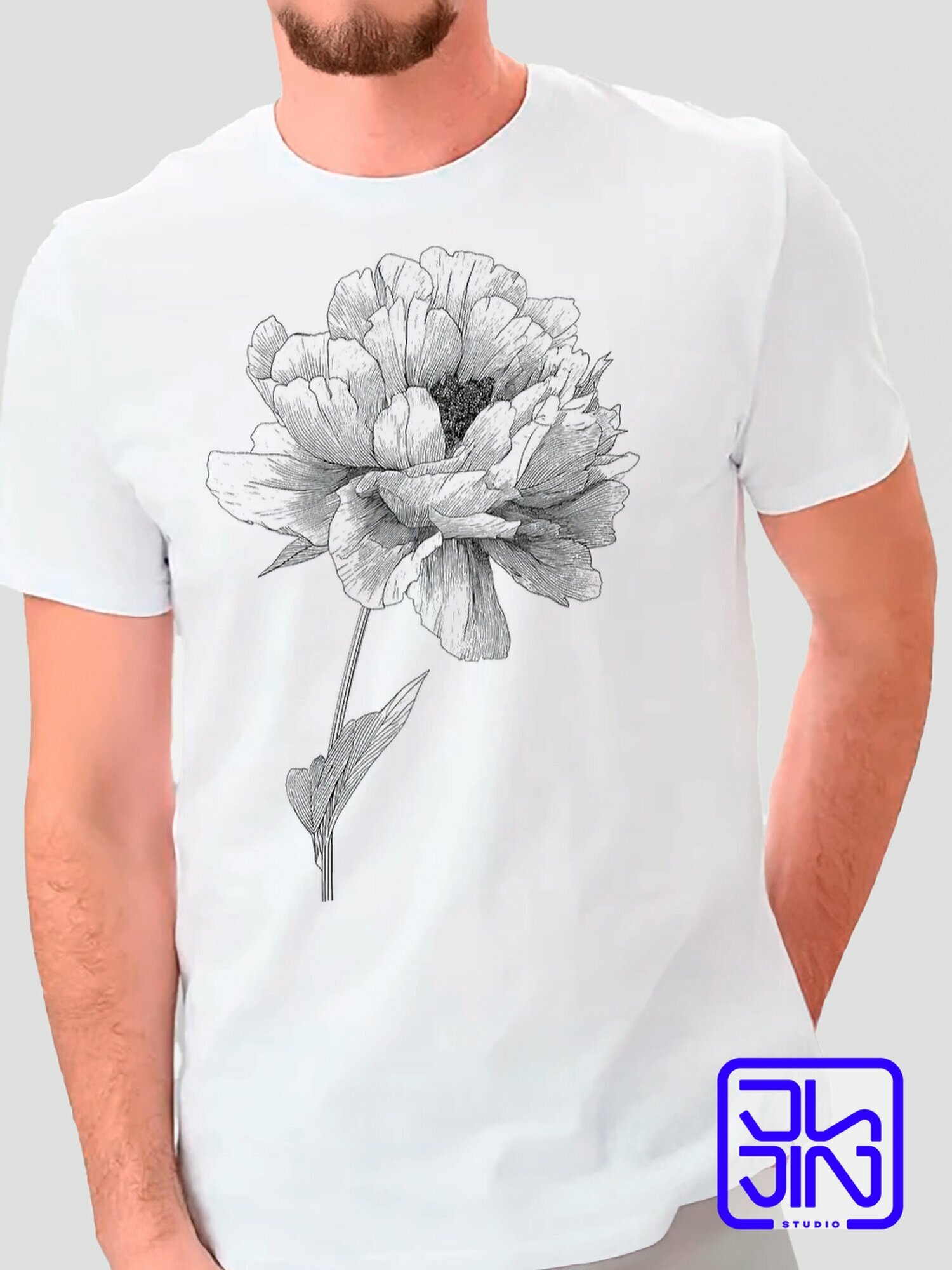 Футболка классическая мужская с авторским принтом Пион черно-белый, минималистичный цветочный рисунок белого растения, белый хлопковый трикотаж с прикольным рисунком на груди