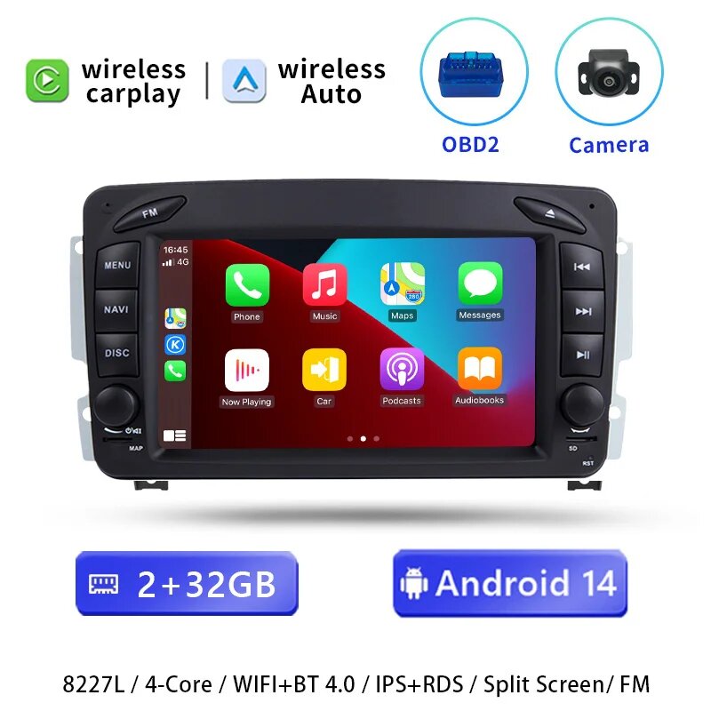 Android 14 Автомагнитола 2Din Carplay Wireless для Mercedes W203 W639 W168 Vaneo Clk W209 W210