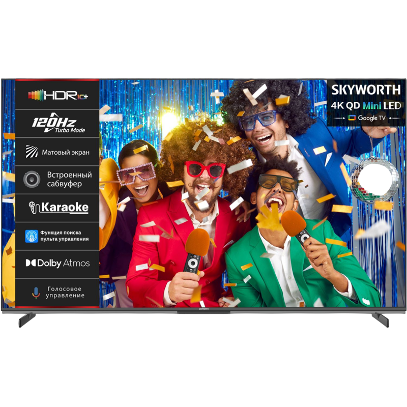 Телевизор Skywort 55X85G, 55", Ultra HD, Mini LED, Matte Screen, 400Nit, Local Dimming Zone 112, Google TV, DVB-T2/C/S2, 2.1.2ch Sound (30W + 20W SUB) Dolby Atmos, 180° звуковое поле, 120Hz, Freesync Premium (AMD), Karaoke Mode, 3 HDMI, 2 USB, DAO, LAN