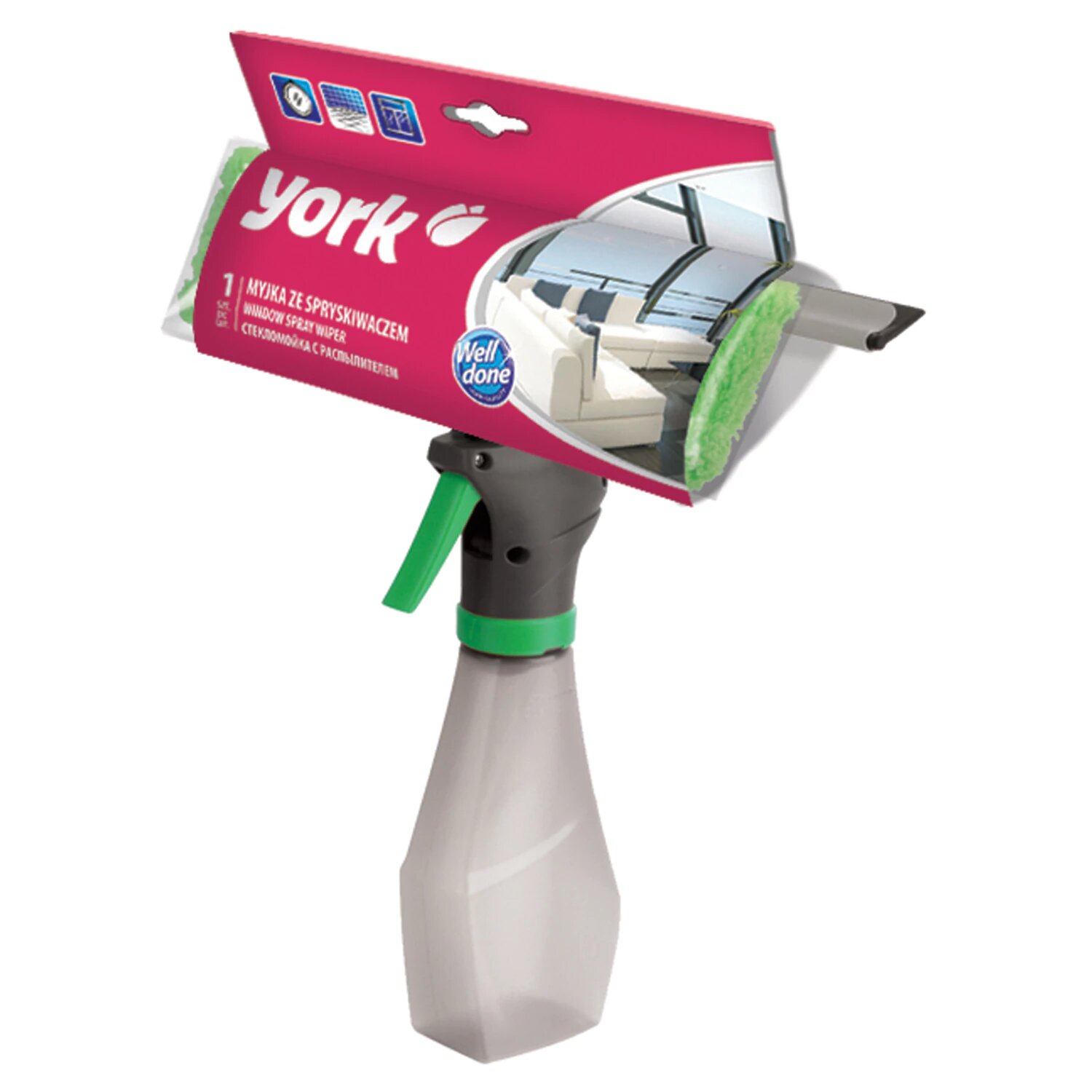 Окномойка "3 в 1": насадка из микрофибры, сгон, рукоятка-флакон с распылителем, 2625,510 см, YORK, 84040