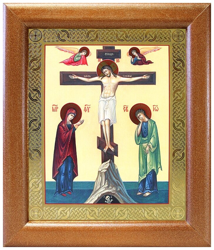 Распятие с предстоящими, икона в широкой деревянной рамке 19*22,5 см
