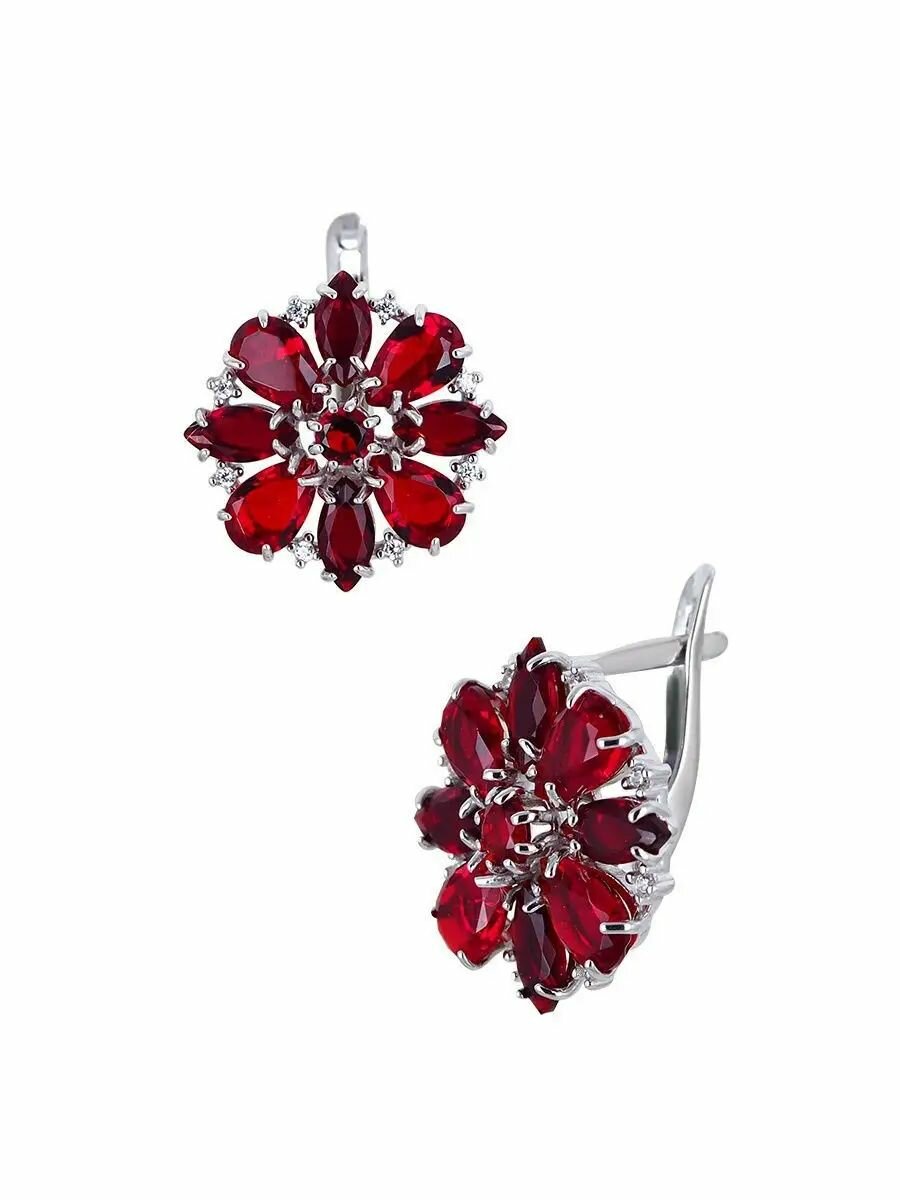 Серьги ZLATBERRY, серебро, 925 проба, родирование, фианит, гранат синтетический, , серебристый/красный — фото 1