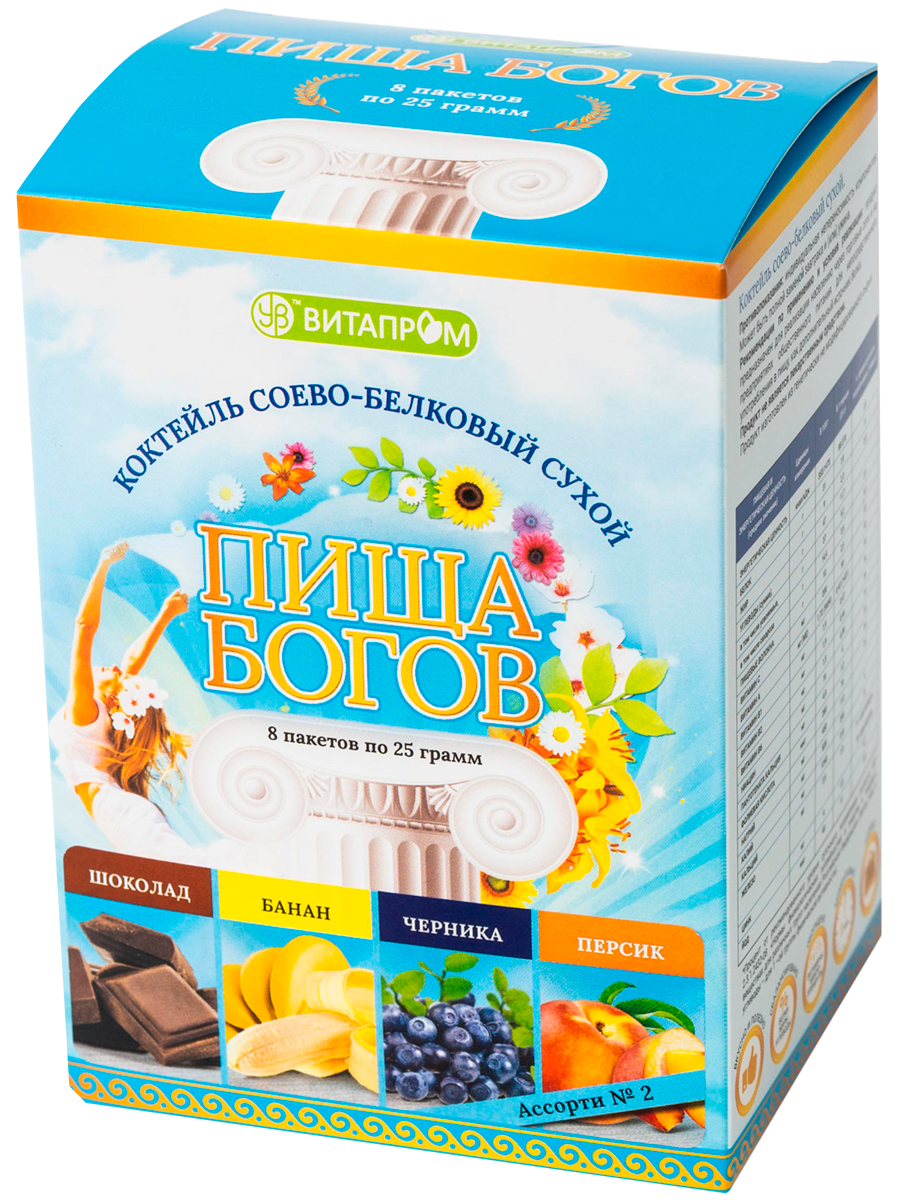 Коктейль белковый, шоколад, банан, черника, персик, 200 г, Пища богов
