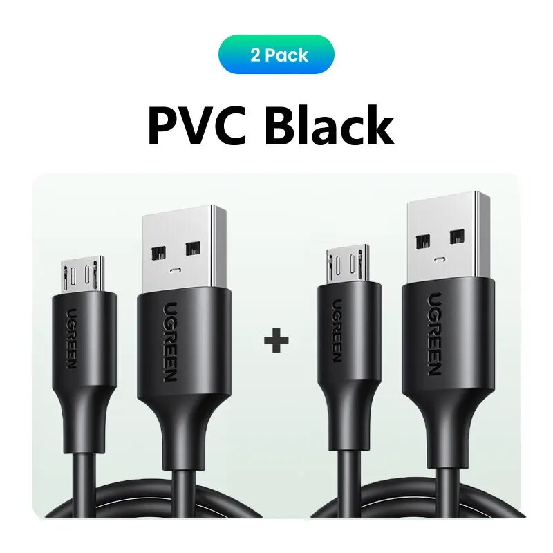 Кабель Micro USB UGREEN, 2 шт, 2А, быстрая зарядка, 1,5 м, для Samsung, 1 м, PVC Black--2Pcs
