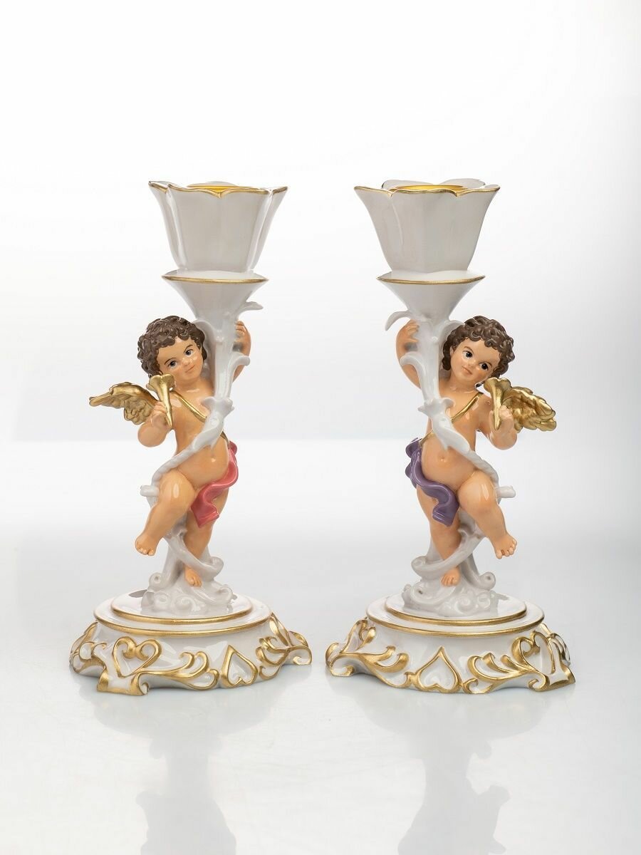 Подсвечник каминный, Комплект из двух штук, литьевой мрамор, ручная роспись