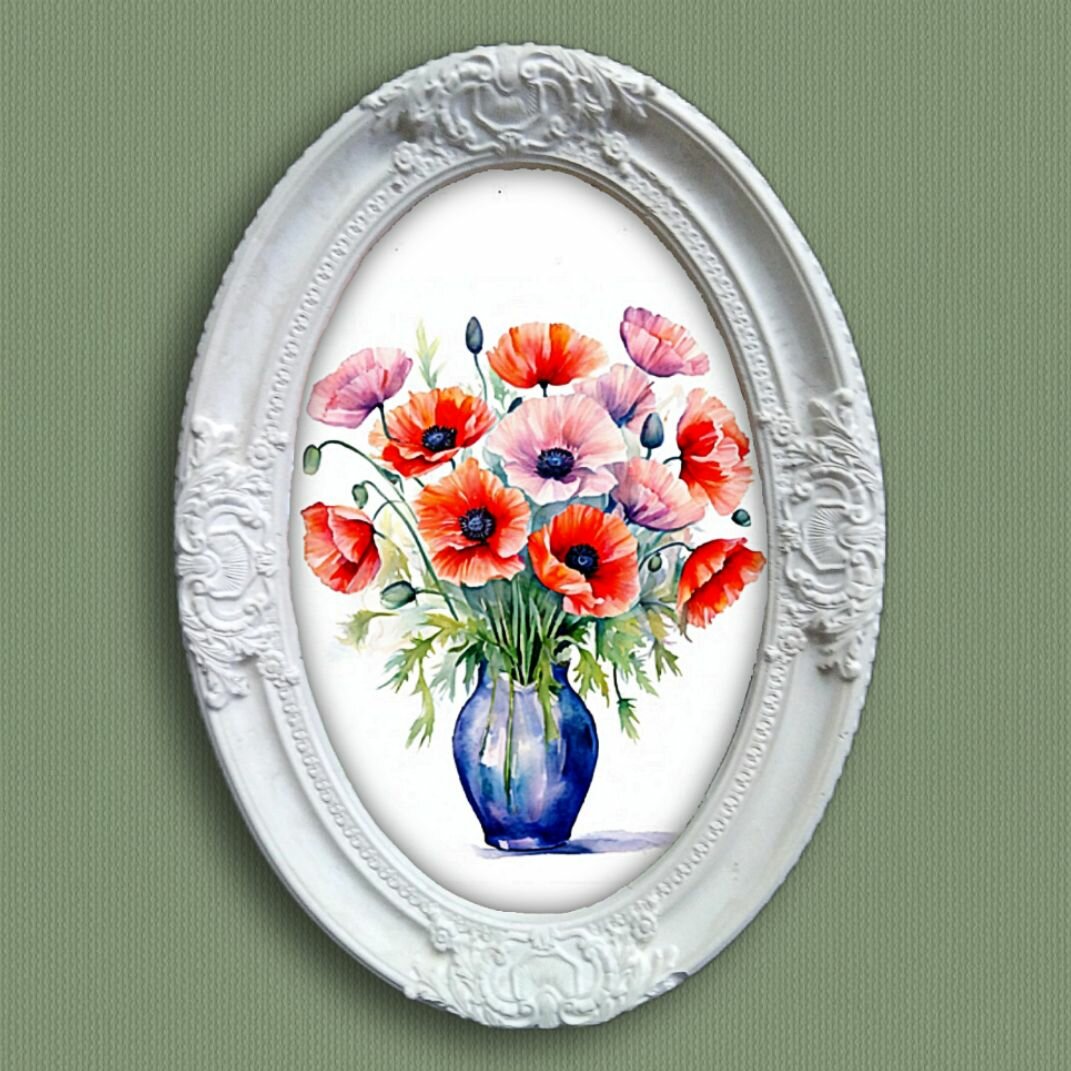 Картина "Букет маков" принт в гипсовой раме ручной работы, винтажная картина панно