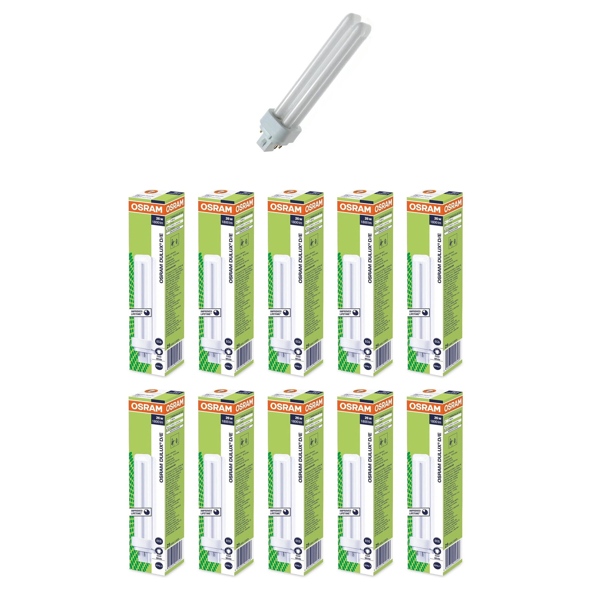 10шт/уп. Лампа Люминесцентная Dulux 26Вт 230V G24q-3 CFL D/E 1750Лм 4000К D-12mm L-165mm Диммируемая Энергосберегающая Свет Холодный белый OSRAM, уп. 10шт