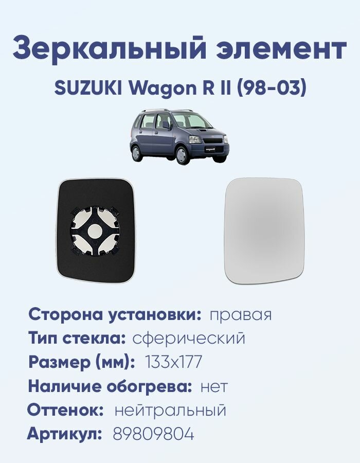 Зеркальный элемент правый SUZUKI Wagon R II (98-03) сфера нейтральный без обогрева