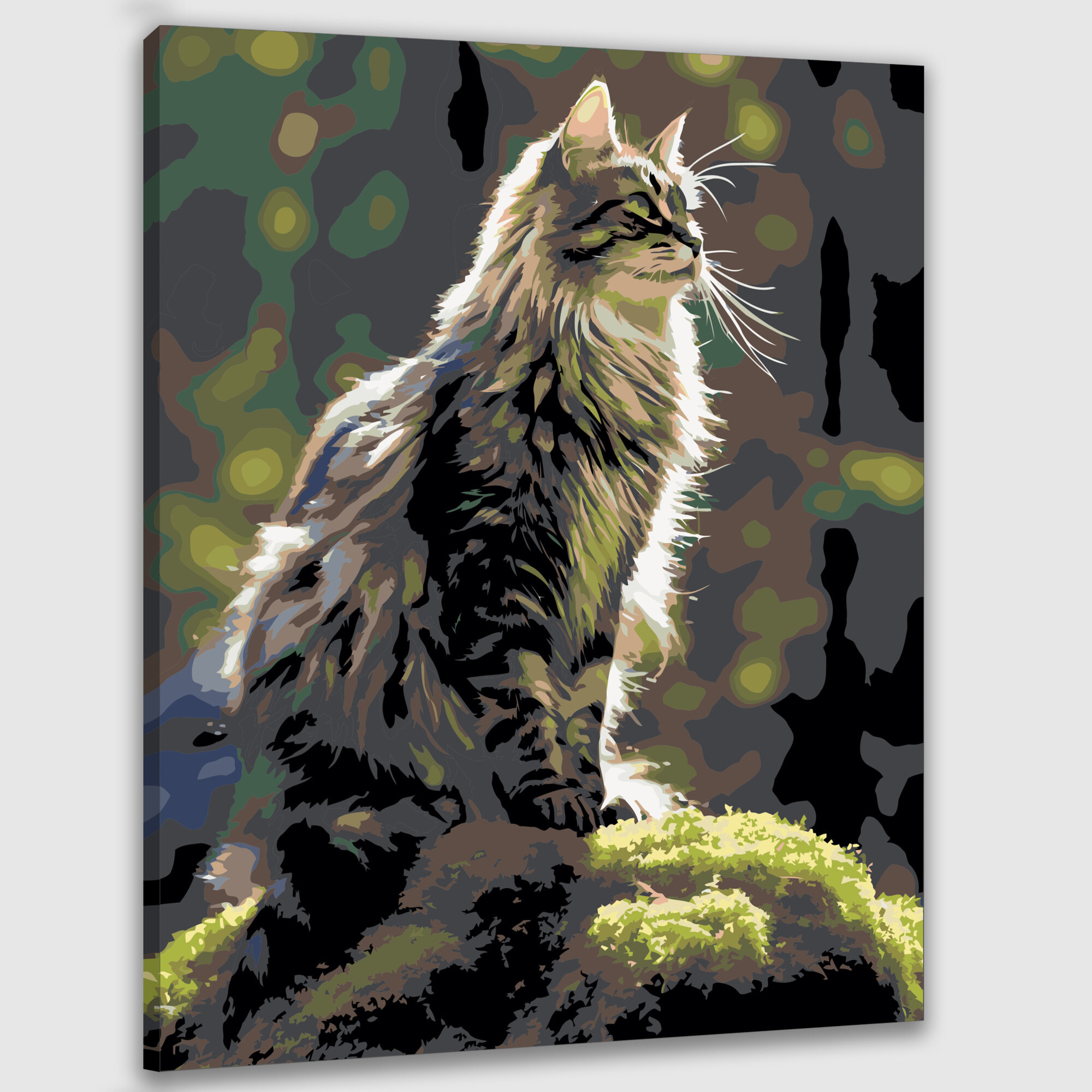 Картина по номерам 40x50 см, кошка, мейн-кун, фотография, мех, уши, хвост, фокус, листва, свет, деревья, фон