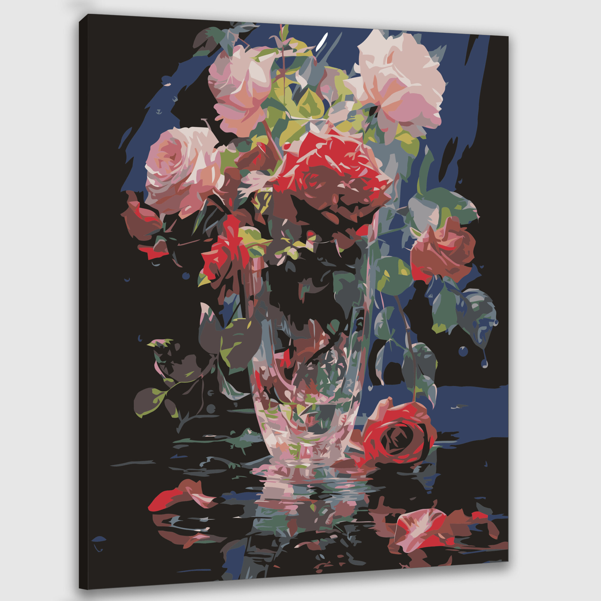 Картина по номерам 40x50 см, картина, масло, букет, красные розы, ваза, стекло, лепестки, вода, свет, тени