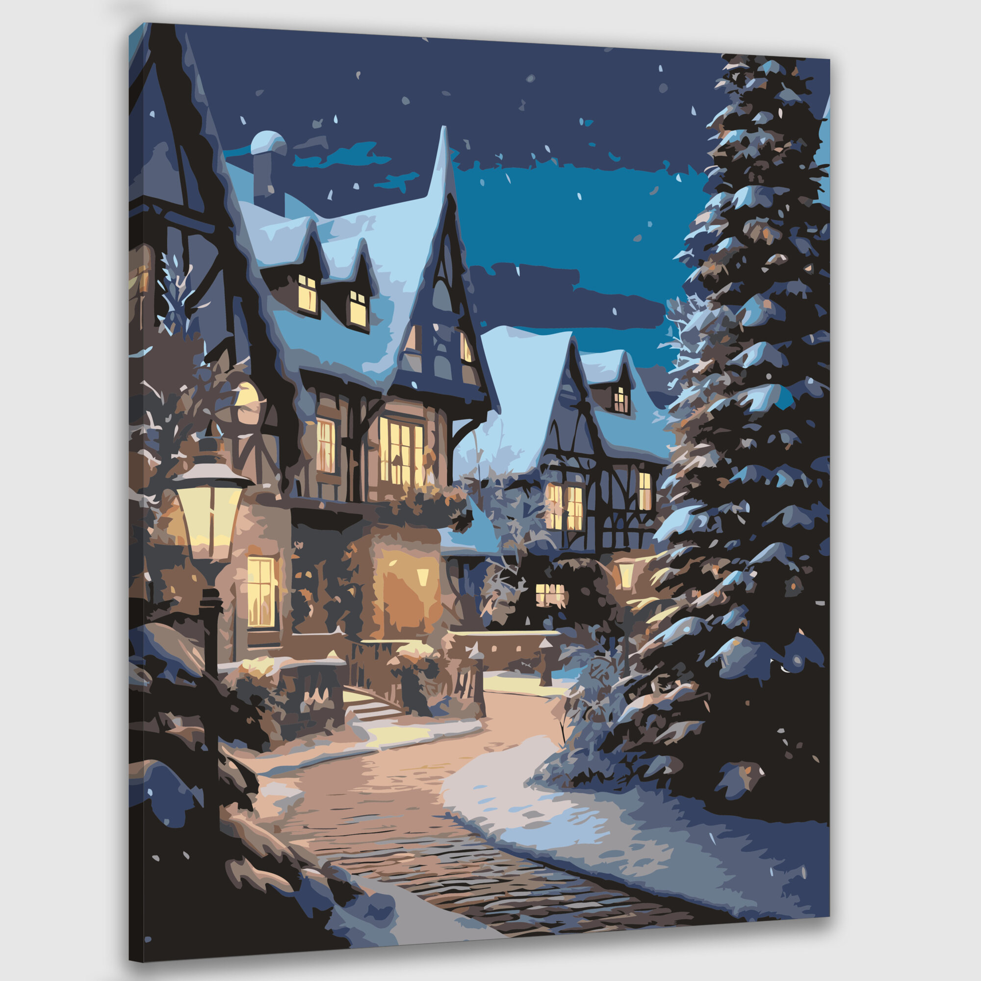 Картина по номерам 40x50 см, зимний пейзаж, заснеженные дома, сверкающие снежинки, широкоугольный объектив, архитектура