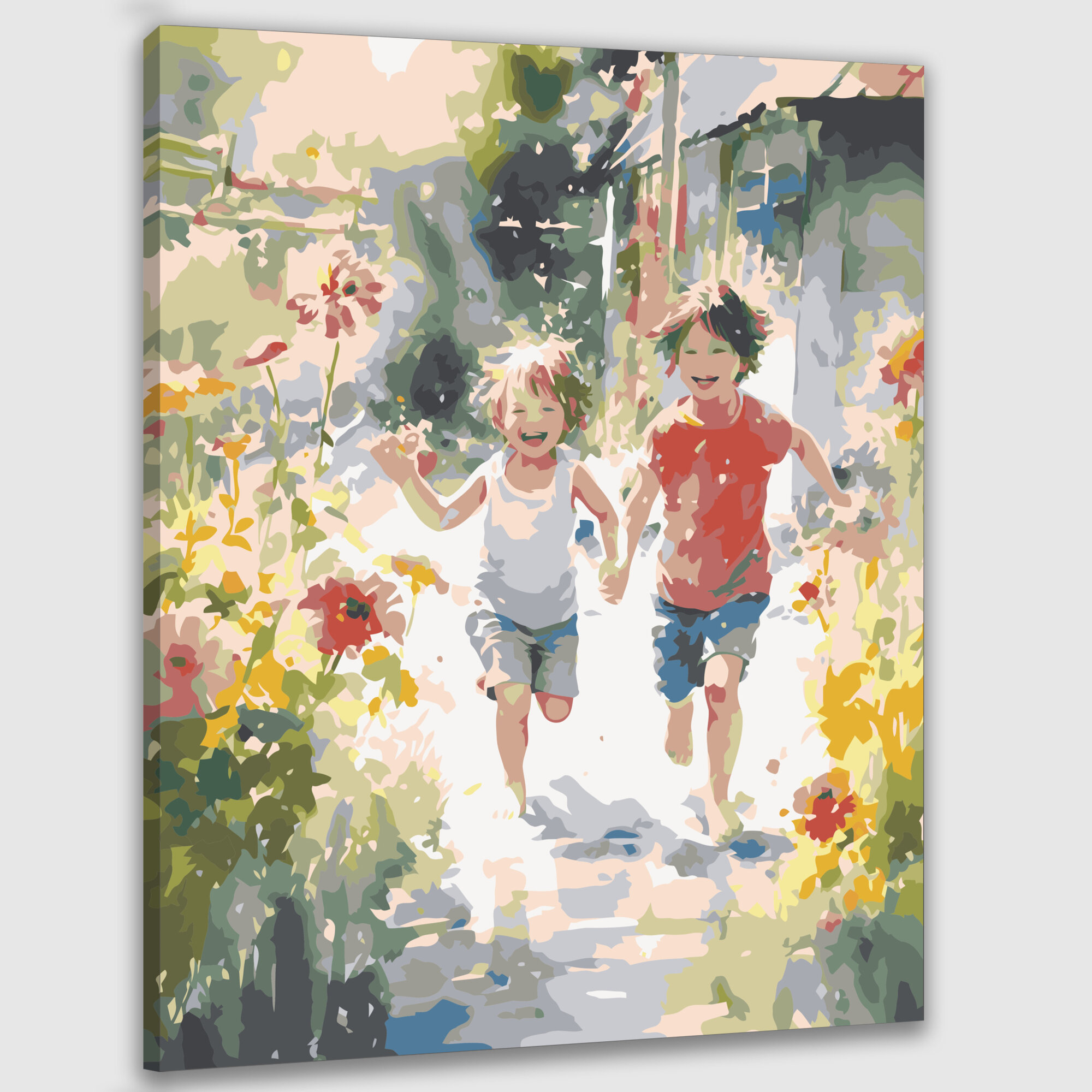 Картина по номерам 40x50 см, акварельная иллюстрация, дети, бегущие, разбрызгиватель, задний двор, солнце, смех