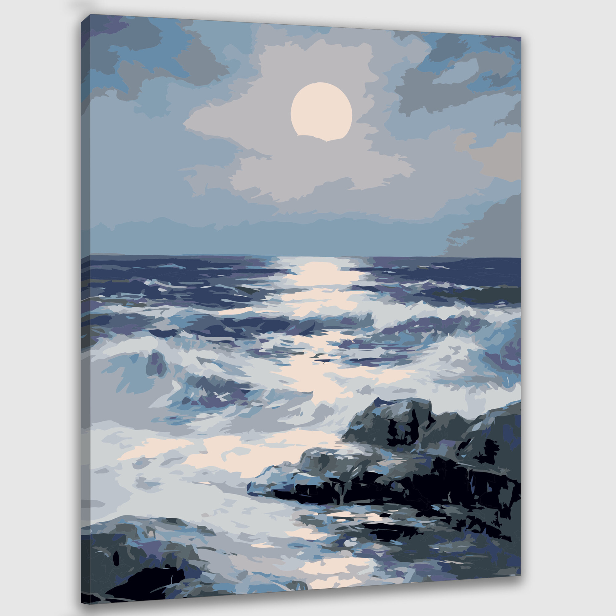 Картина по номерам 40x50 см, импрессионизм, картина маслом, морской пейзаж, лунный свет, нежные волны, скалистый берег