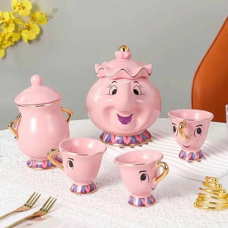 Кофейный сервиз Зотье "Красавицы и Чудовища", фарфор, красный, розовый, белый